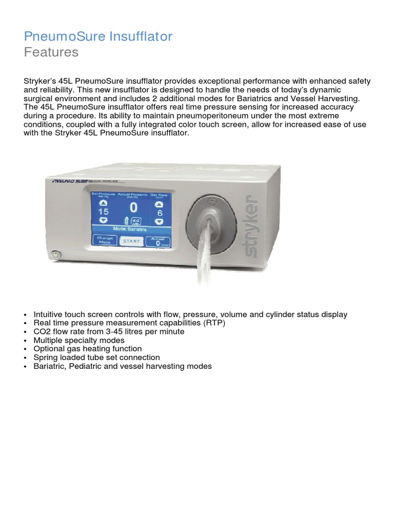 Stryker 45L PneumoSure Insufflator Features & Functions | PDF