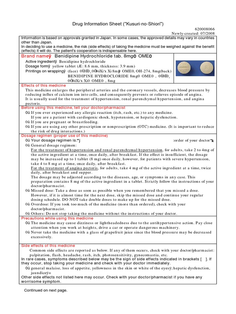 Benidipine Hydrochloride tab. 8mg「OME」: Brand name： | PDF | Dose (Biochemistry) | Chemistry