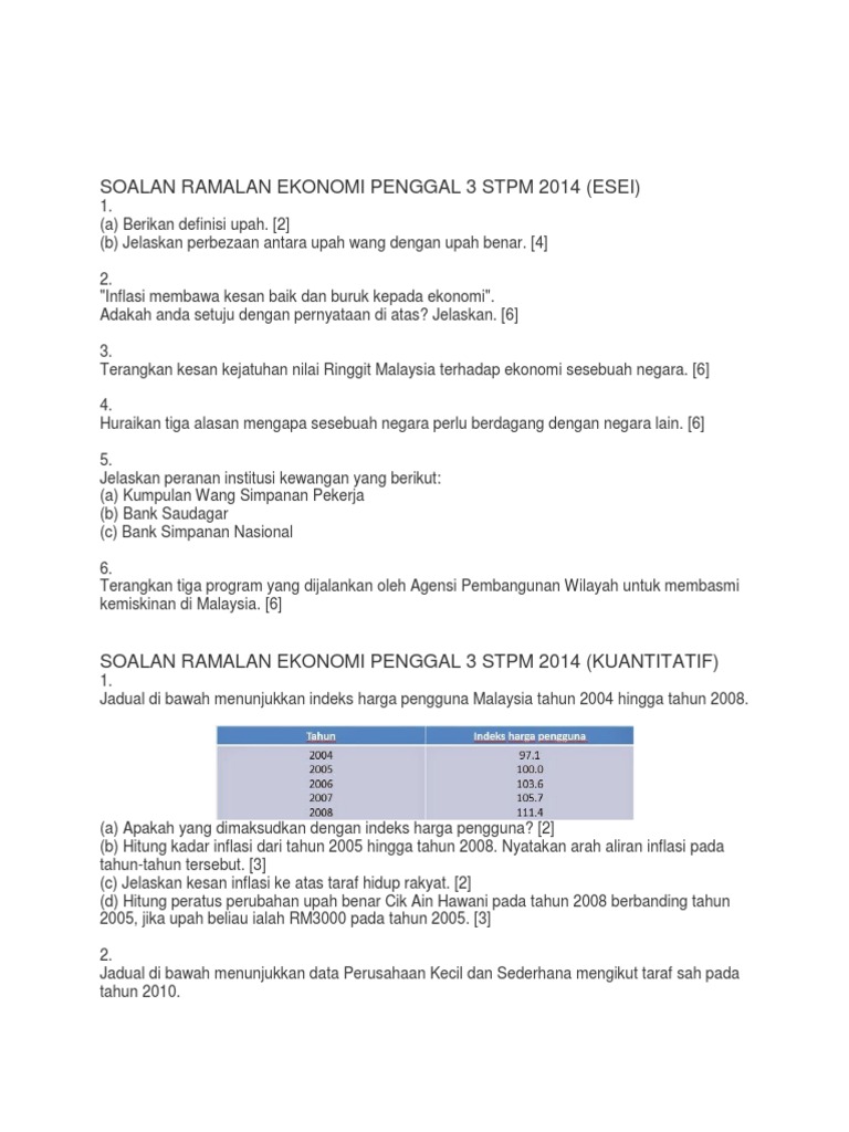 Soalan Ramalan Ekonomi Penggal 3 STPM 2014 | PDF