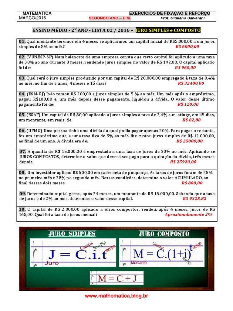Lista 02 Gabarito Segundo Ano Juro Simples e Composto PDF | PDF | Juros | Dívida