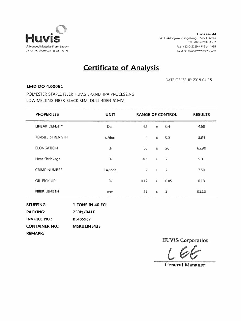 Low Melting Polyester Staple Fiber Test Report | PDF