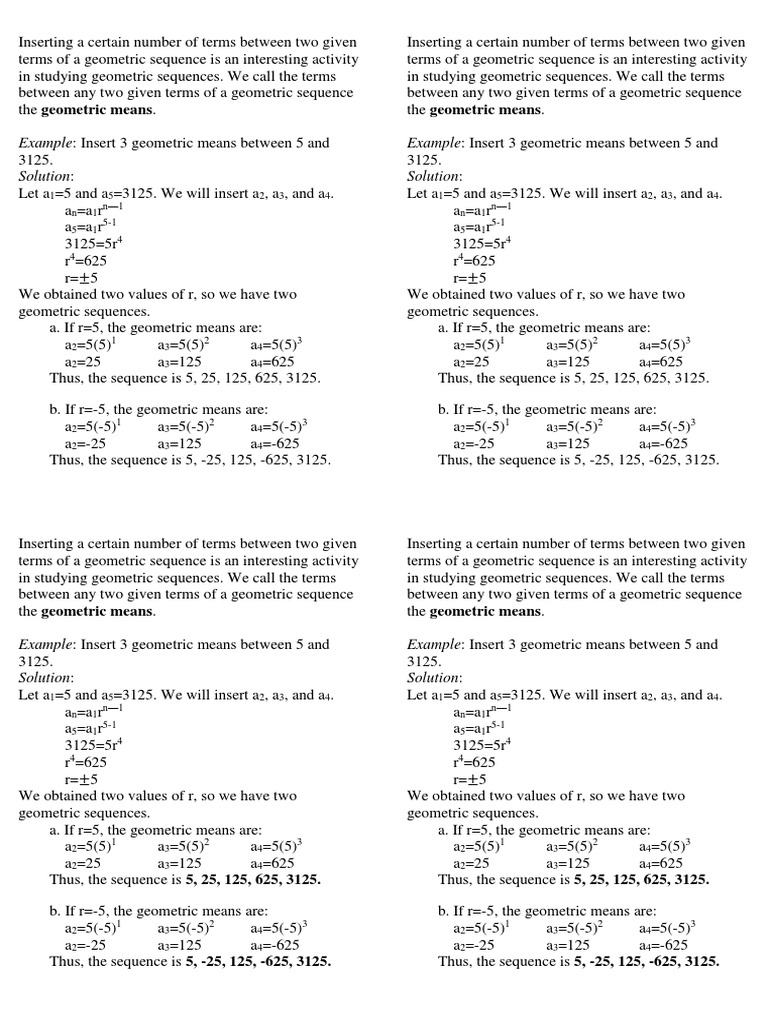 Example: Insert 3 Geometric Means Between 5 and Solution: Example ...