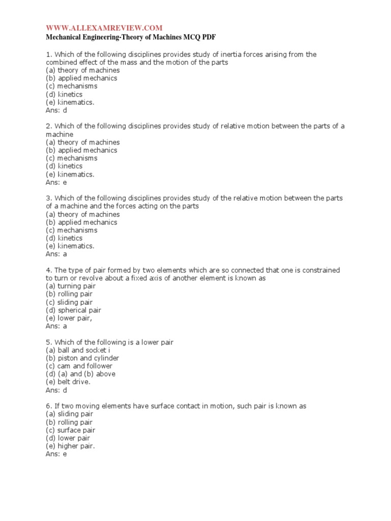 Mechanical Engineering-Theory of Machines MCQ PDFFWWW - alleXAMREVIEW ...