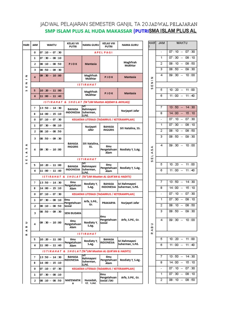 SMP Islam Plus Al Huda Makassar: Jadwal Pelajaran Semester Ganjil Ta ...