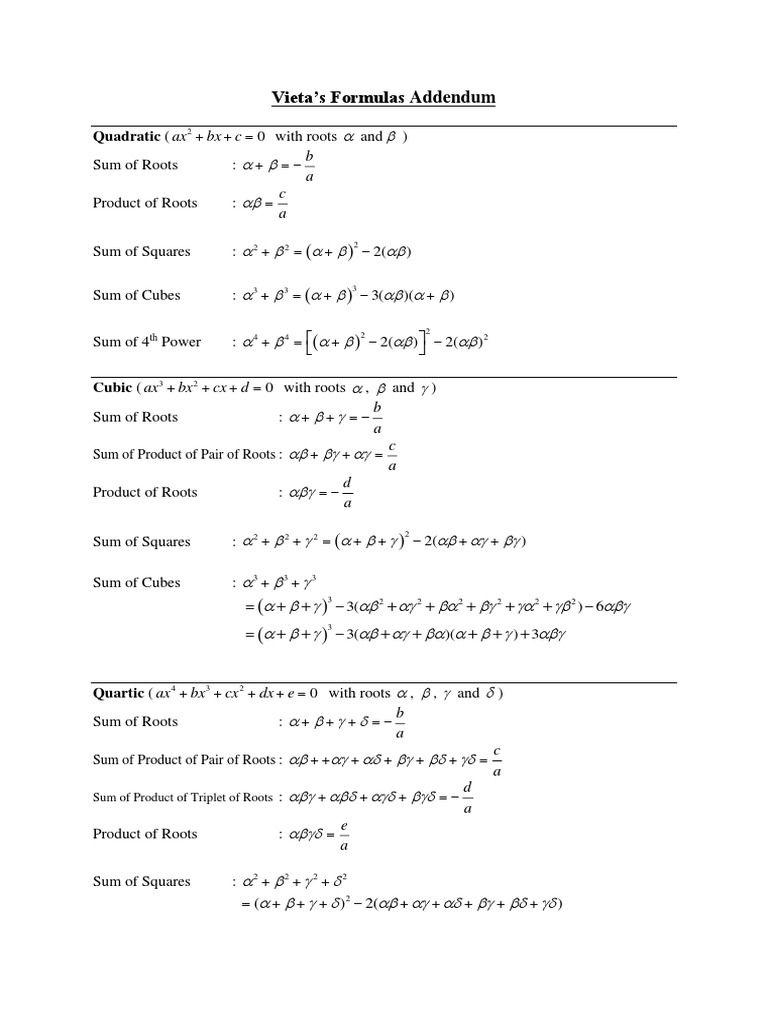 Vieta's Formula Addendum | PDF | Functions And Mappings | Complex Analysis Vieta's Formula Addendum | PDF | Functions And Mappings | Complex Analysis
