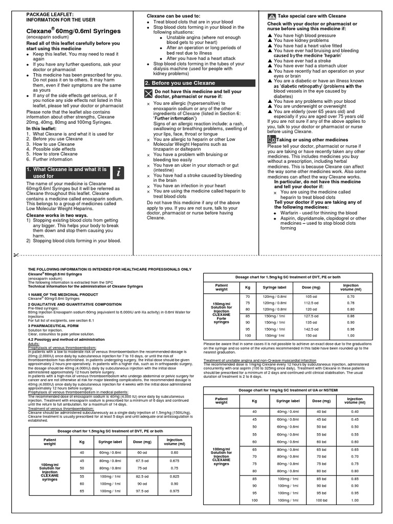 Clexane® 60mg/0.6ml Syringes | PDF | Dose (Biochemistry) | Chemistry