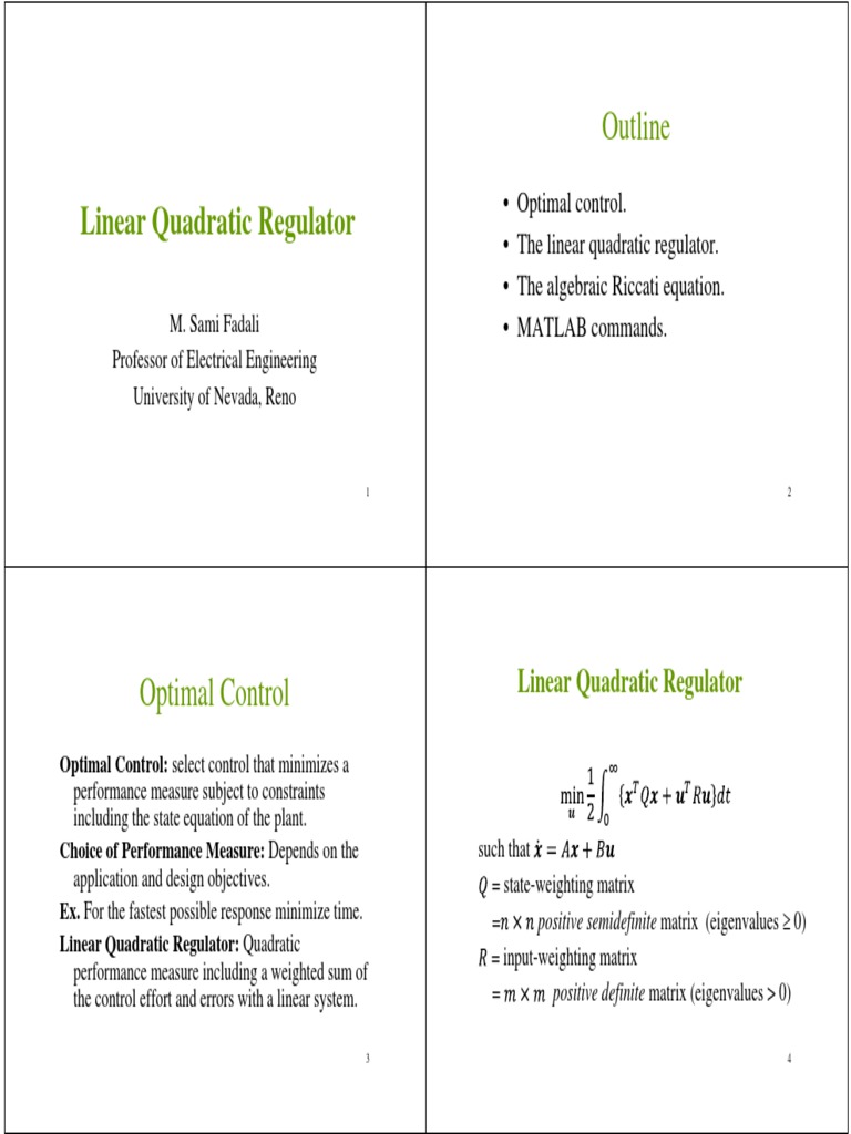 Outline: Linear Quadratic Regulator | PDF | Optimal Control | Matrix (Mathematics)