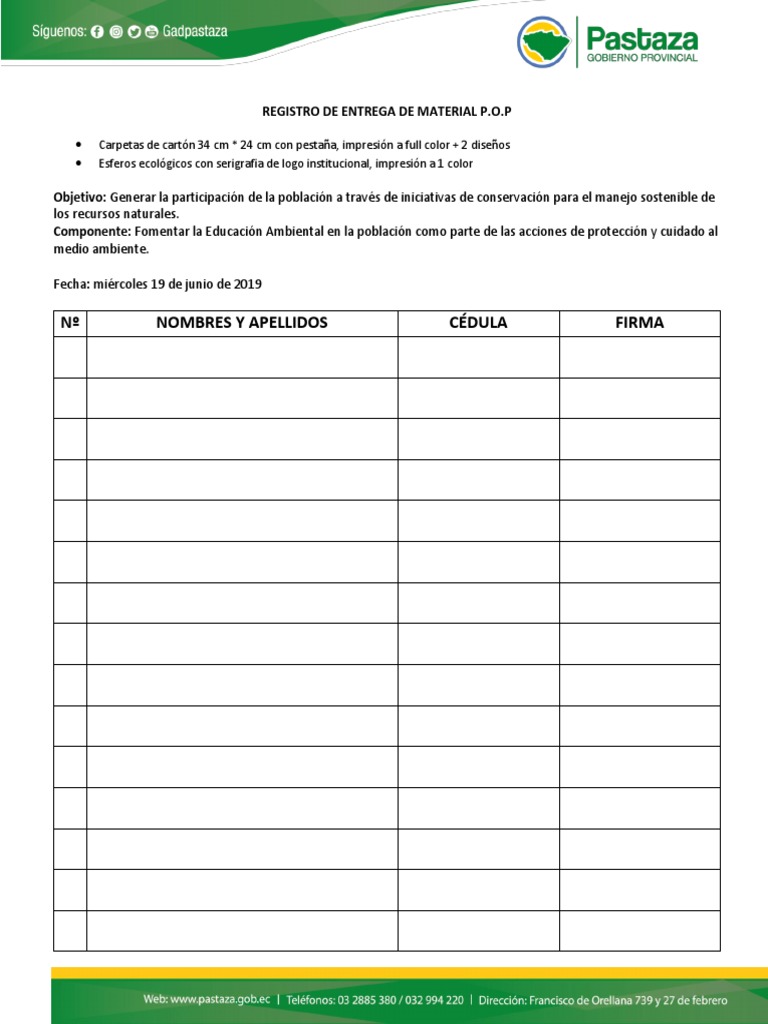 Registro de Entrega Material P.O.P 200 Carpetas y Esferos
