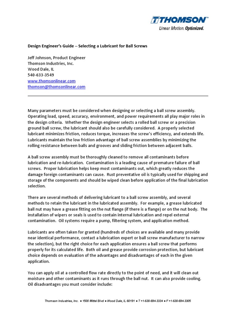 Design Engineer's Guide - Selecting A Lubricant For Ball Screws | PDF | Lubricant | Bearing ...