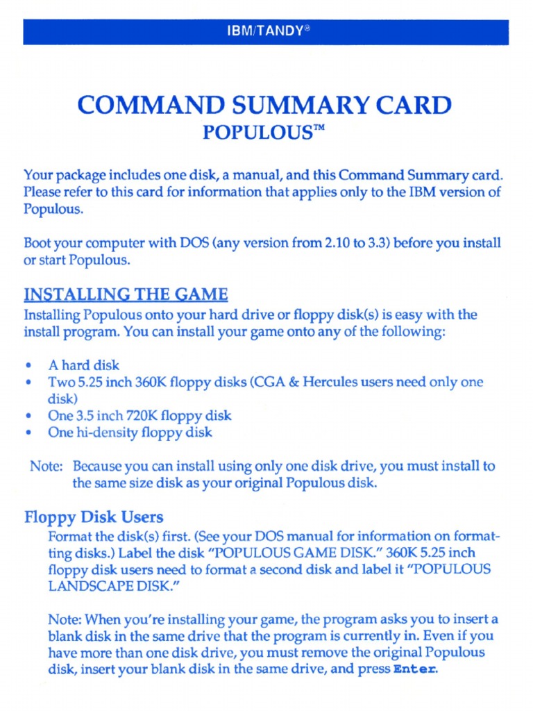 Populous - Command Summary Card | PDF