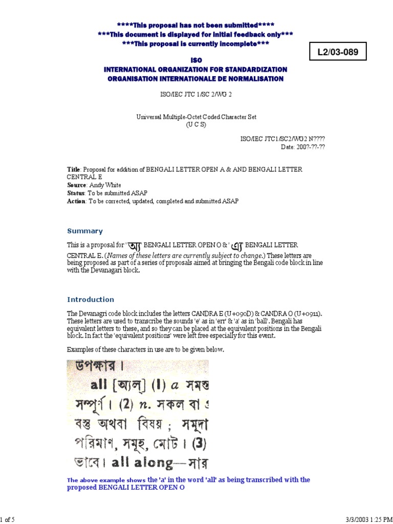 Proposal For Addition of BENGALI LETTER OPEN A & AND BENGALI LETTER ...