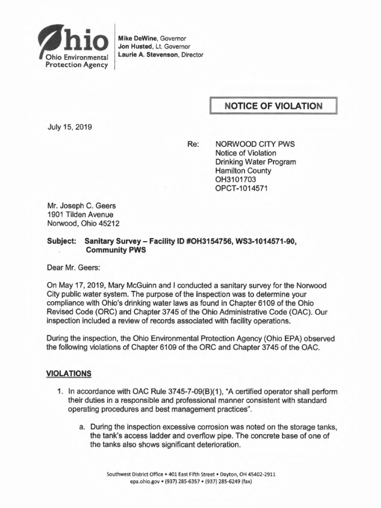 Ohio EPA Sends Violation To Norwood Safety Service Director Joe Geers ...