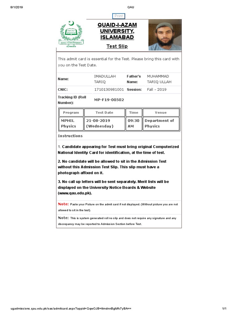 Quaid-I-Azam University, Islamabad: Test Slip | PDF | Identity Document ...