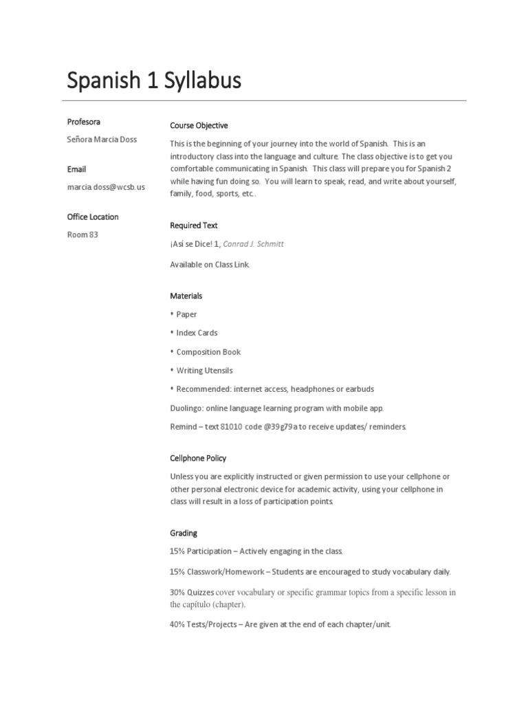 Spanish 1 Syllabus | PDF
