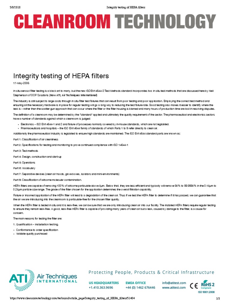 Integrity Testing of HEPA Filters | PDF | Aerosol | Chemistry