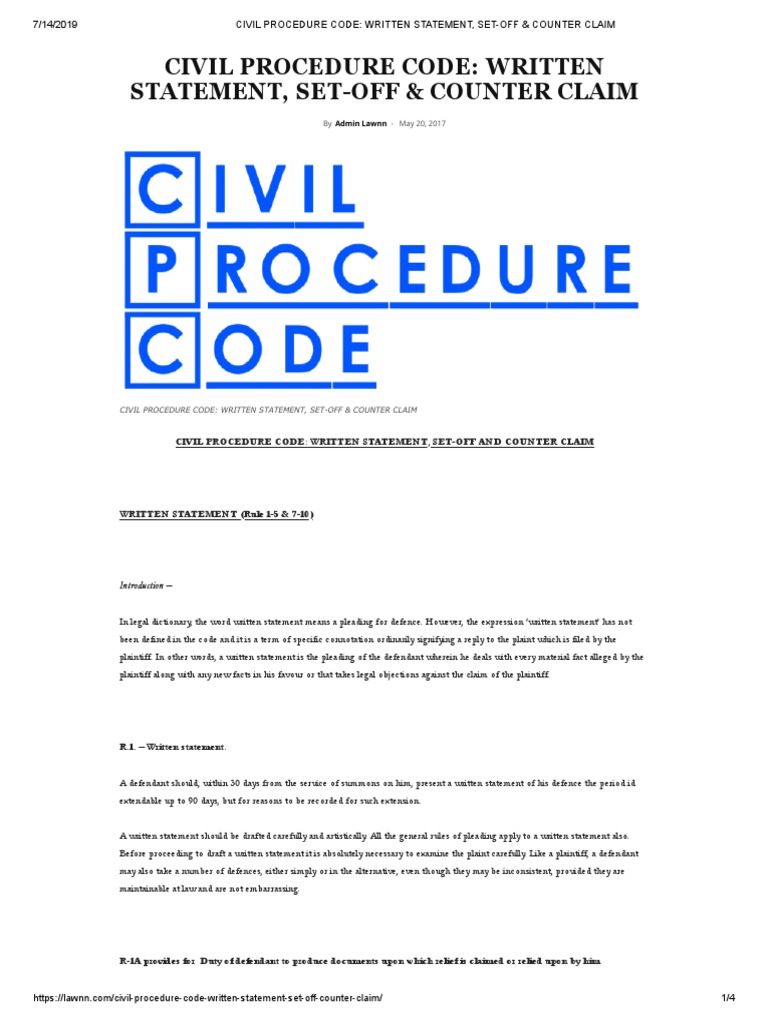 Civil Procedure Code - Written Statement, Set-Off & Counter Claim | PDF ...