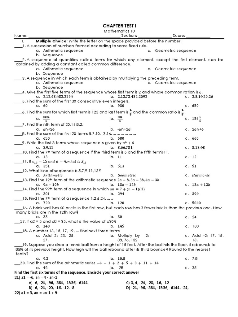 Chapter Test Grade 10 | Download Free PDF | Sequence | Summation