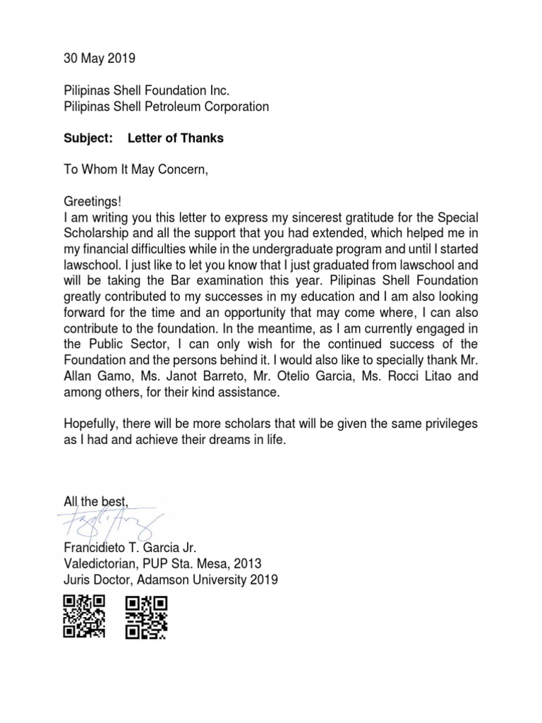 Letter of Thanks | PDF