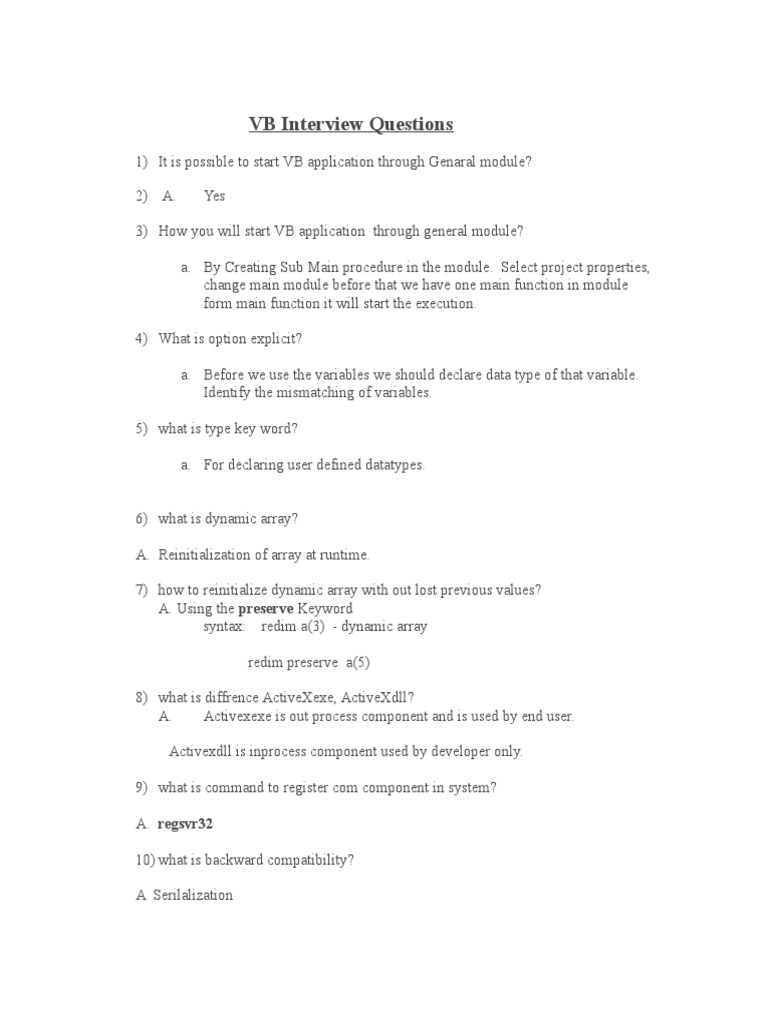 VB Interview Questions | PDF | Component Object Model | Subroutine