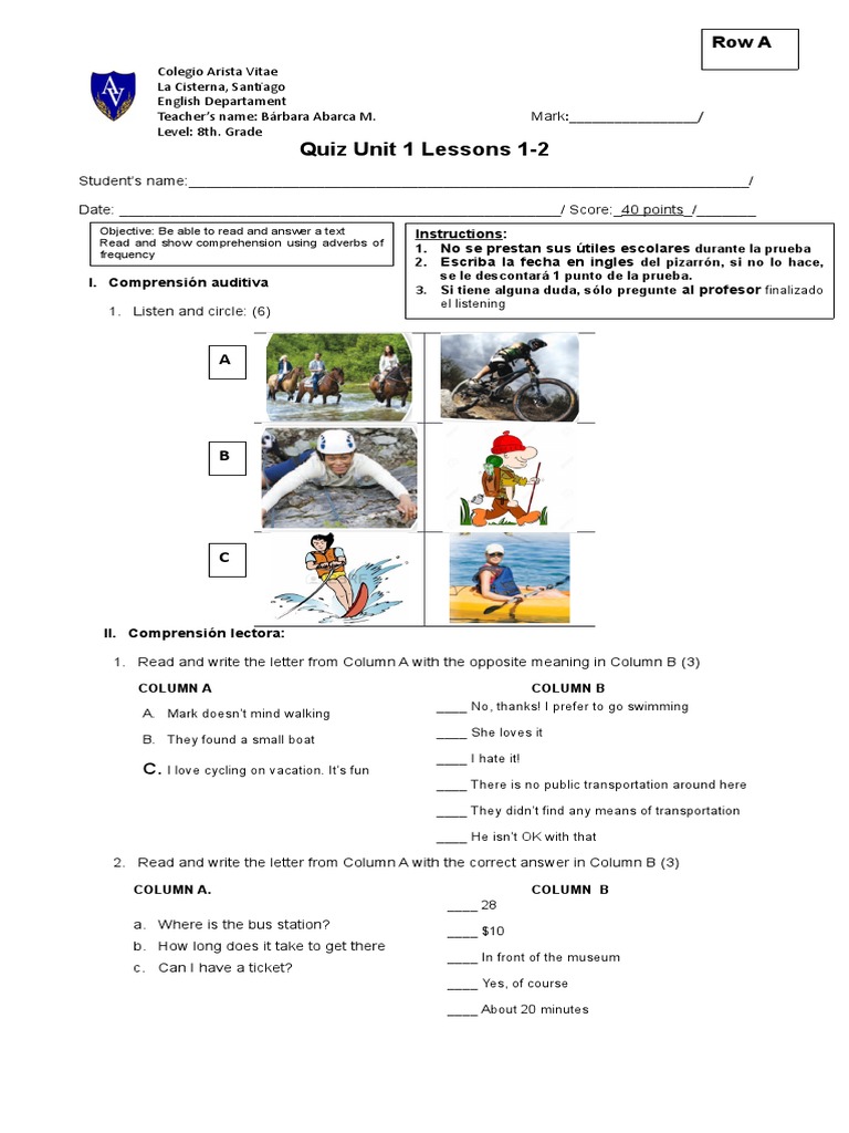 Quiz Unit 1 Lessons 1-2: Row A | PDF | Linguistic Morphology | Cognition