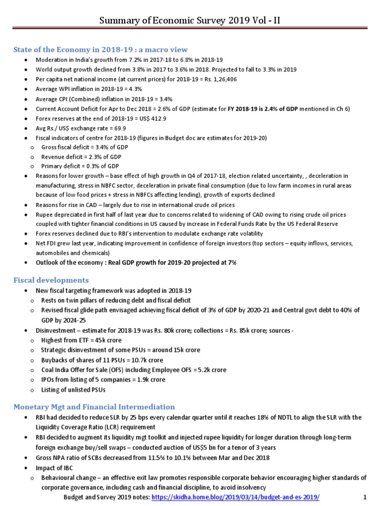 Summary of Economic Survey 2019 Vol - II: State of The Economy in 2018 ...