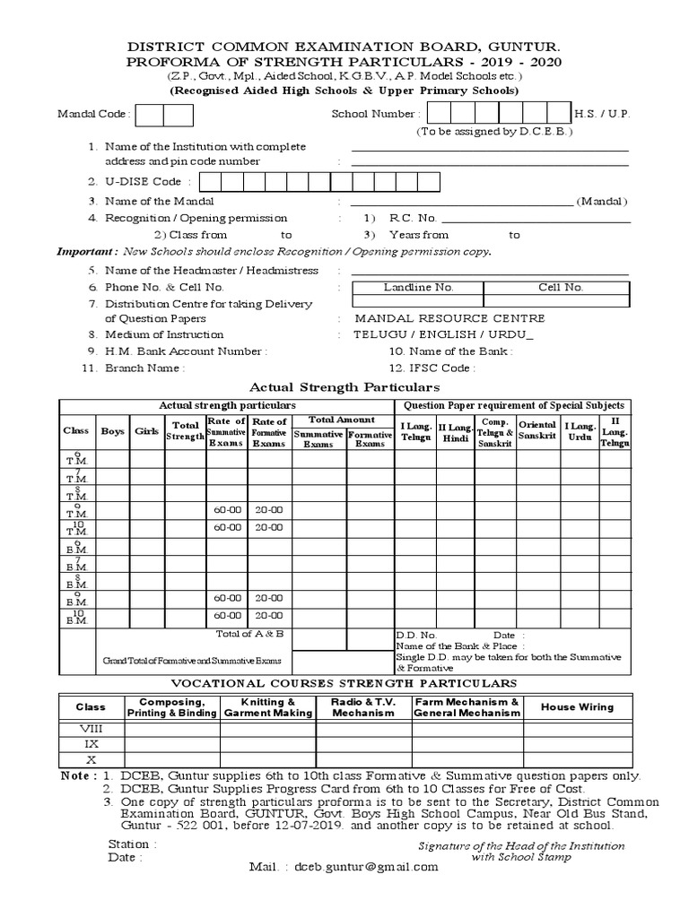 DCEB, Guntur - Strength Proforma 2019-2020 and FA Time Table | PDF