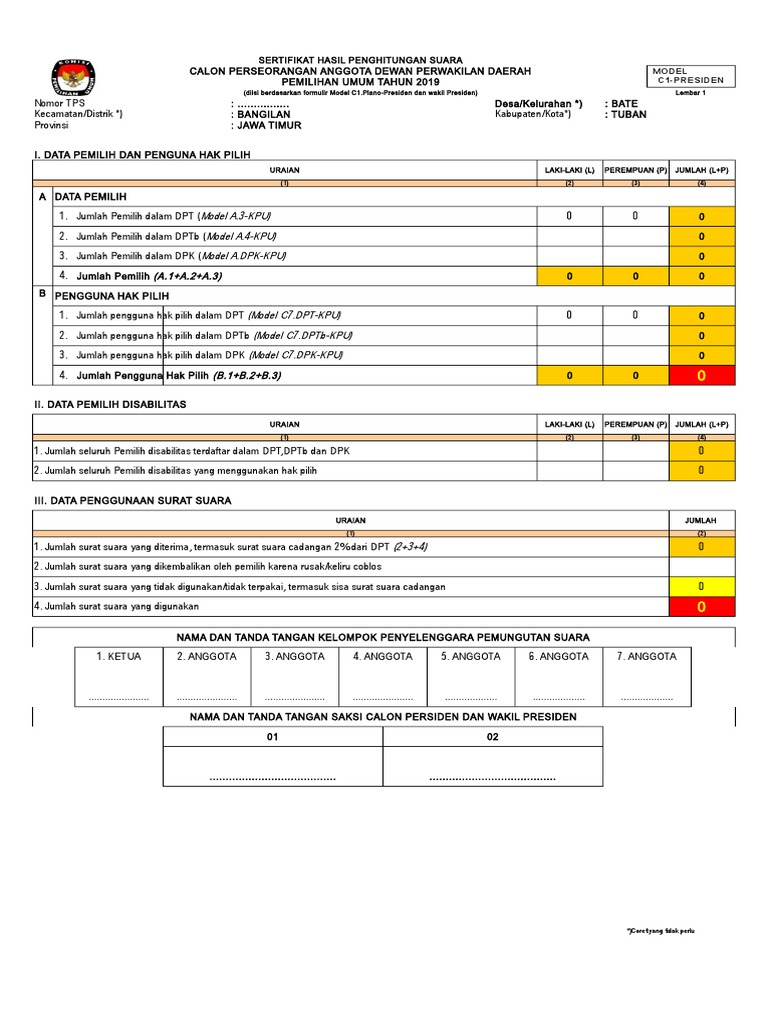 Sertifikat Hasil Pemilu 2019 C1 Plano | PDF