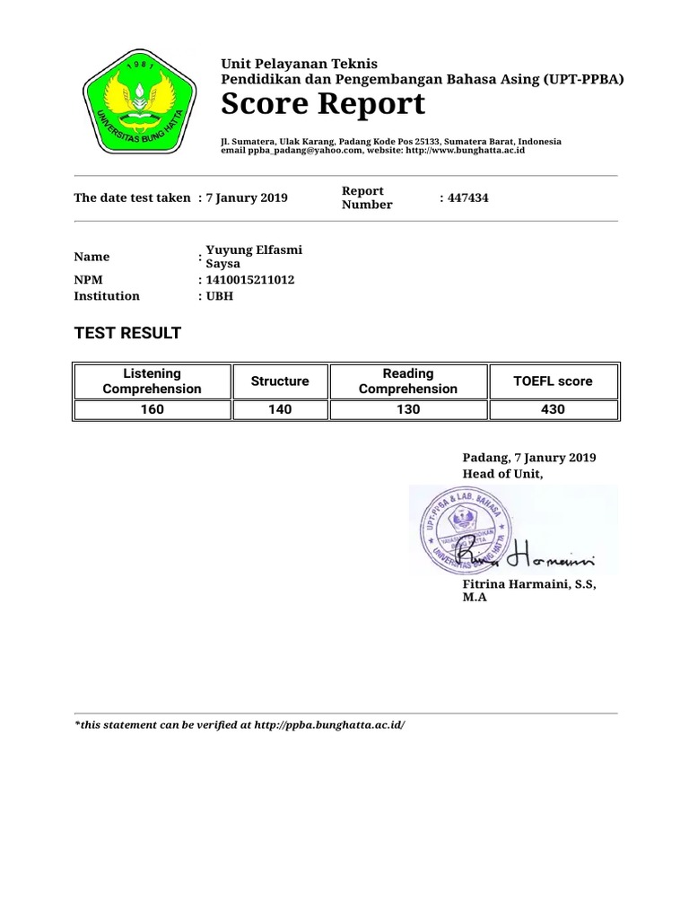 Score Report for Yuyung Elfasmi on the TOEFL Test Administered on ...