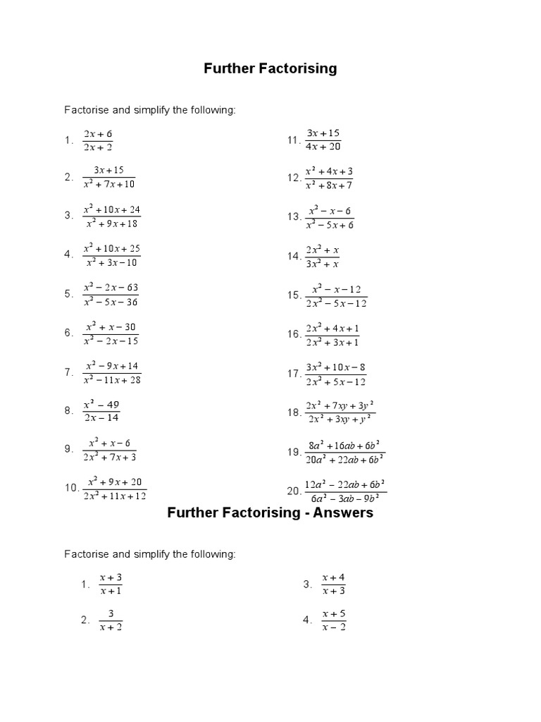 Further Factorising: Factorise and Simplify The Following: 1. 11 | PDF
