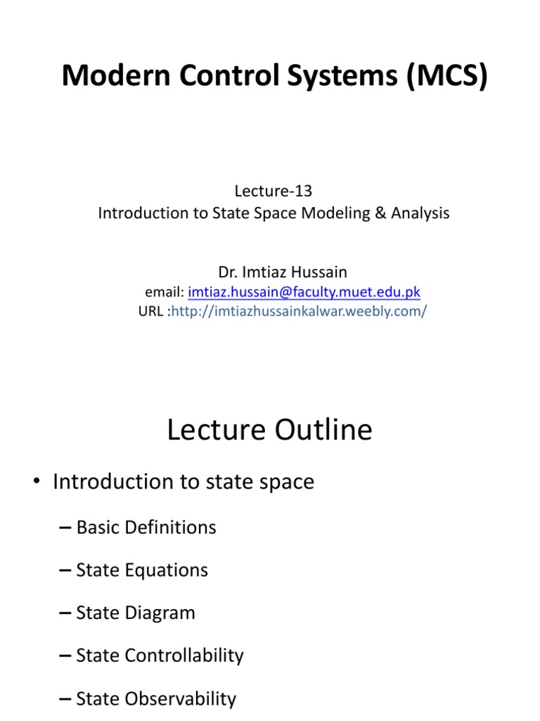 Modern Control Systems Mcs Lecture 13 Introduction To State Space Modeling And Analysis Pdf