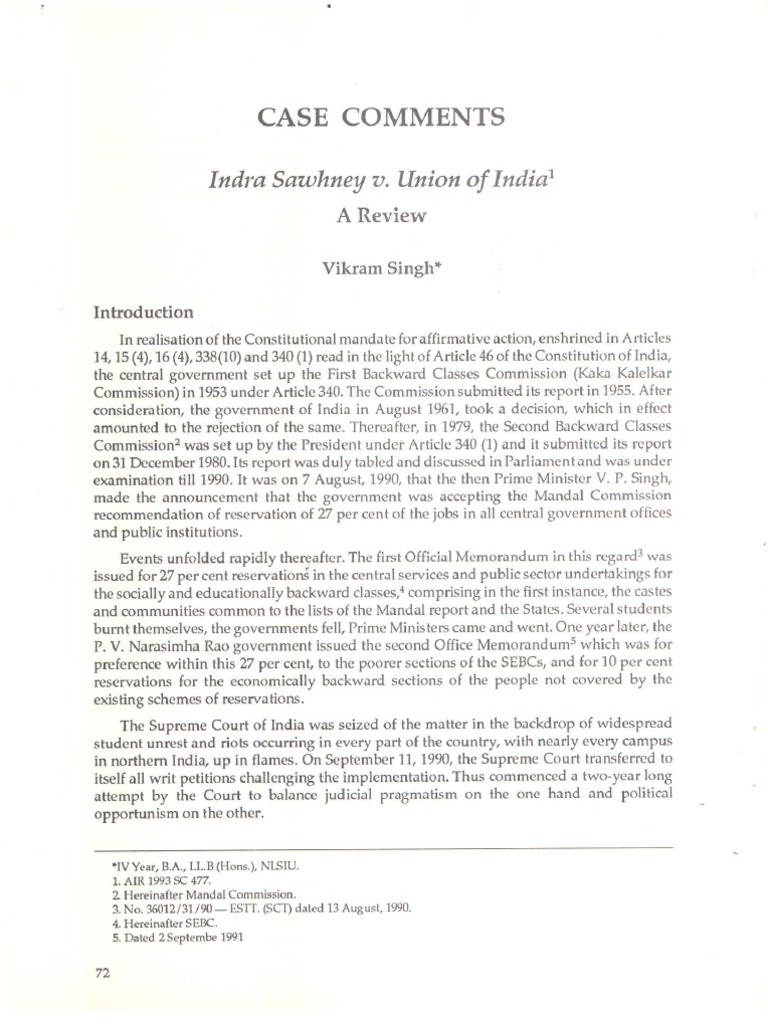 Indra Sawhney v. Union of India: A Review of the Supreme Court's ...