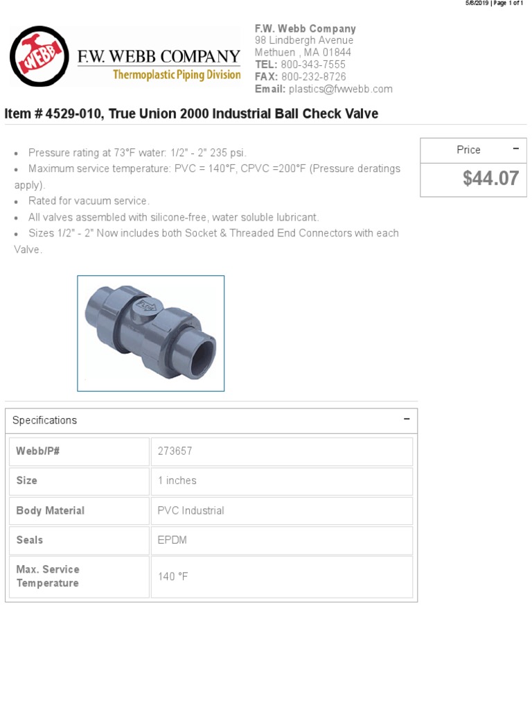 Item # 4529-010, True Union 2000 Industrial Ball Check Valve | PDF