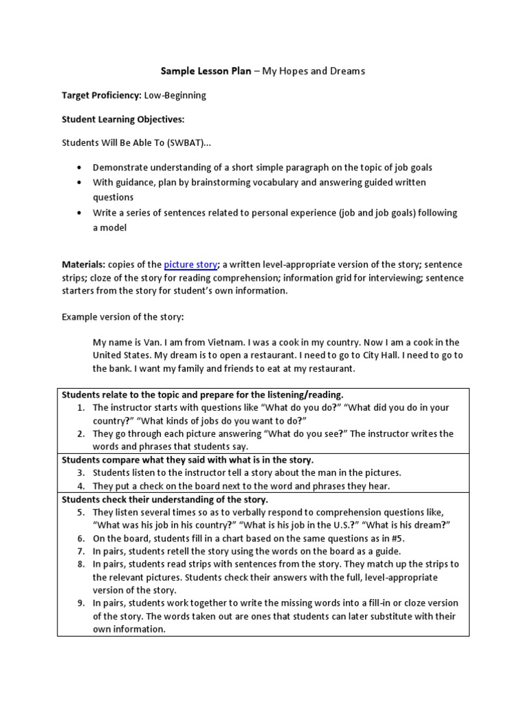 Sample Lesson Plan My Hopes and Dreams | PDF | Reading Comprehension ...