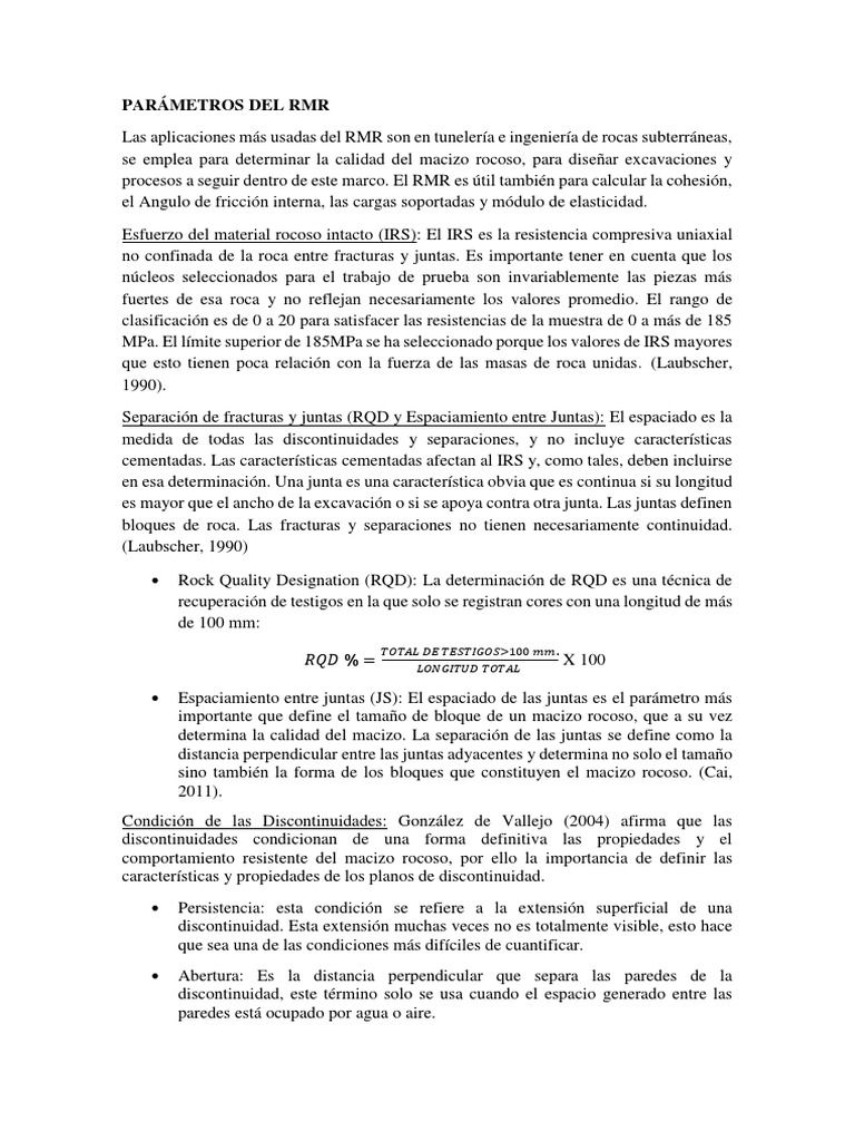 Parámetros y aplicaciones del Rock Mass Rating (RMR) | PDF | Roca ...