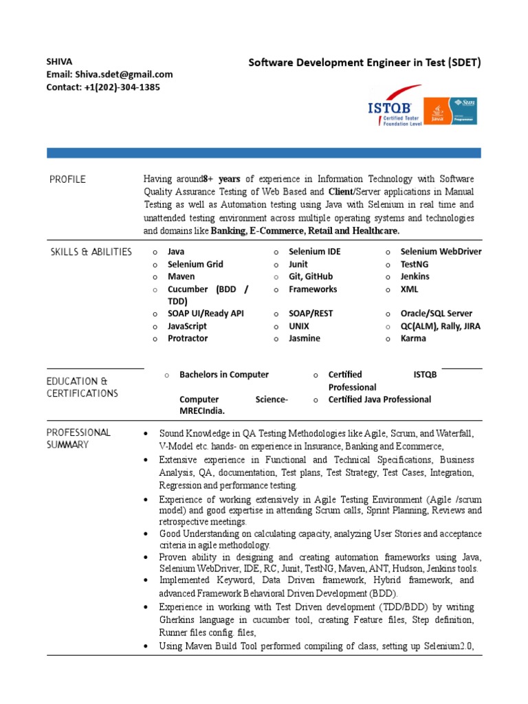 Software Testing Experience Resume Sample