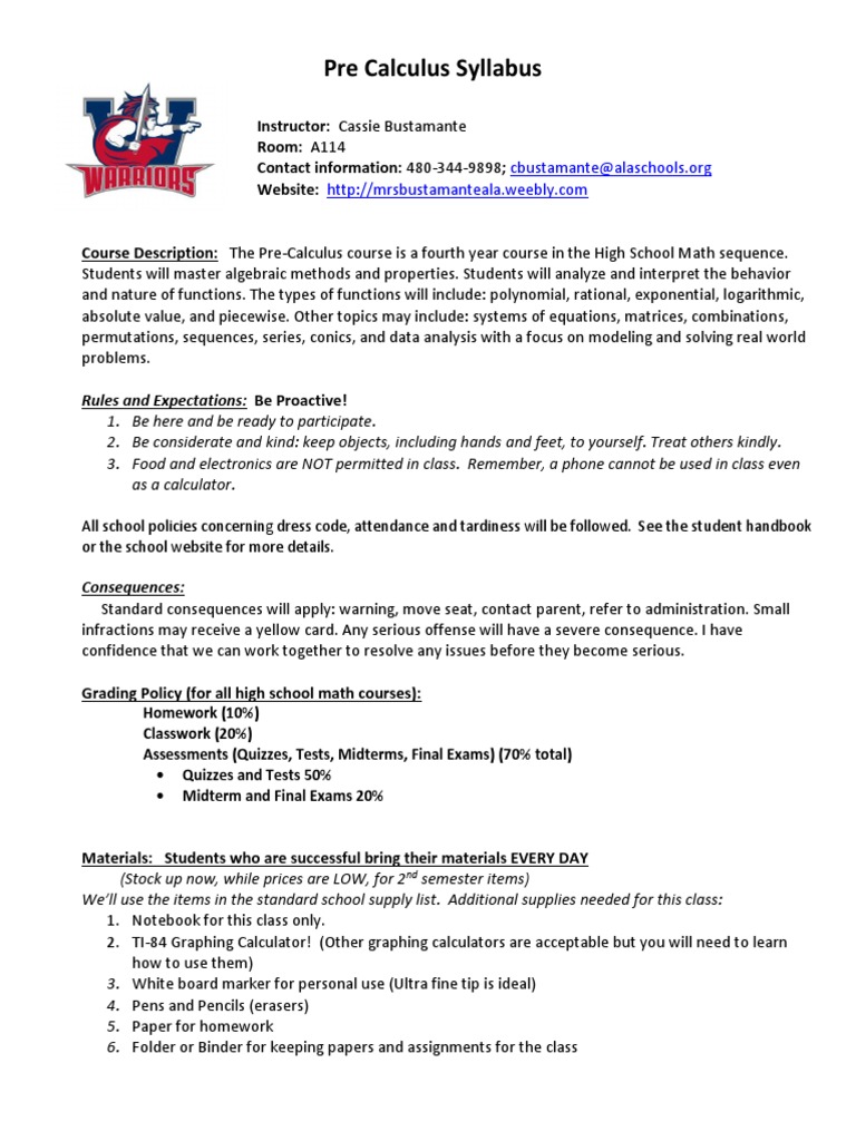 Pre Calc Syllabus | PDF | Homework | Teaching Mathematics