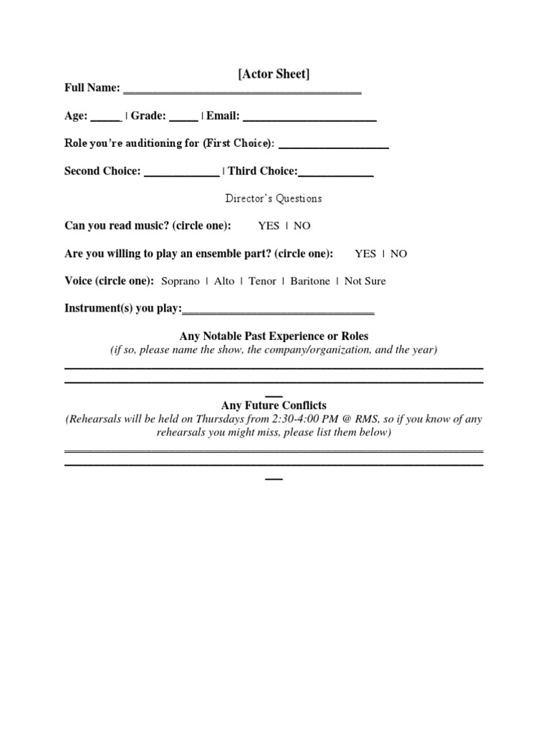 (Actor Sheet) : (If So, Please Name The Show, The Company/organization ...