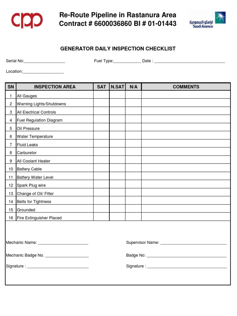 Generator Daily Inspection Checklist | PDF