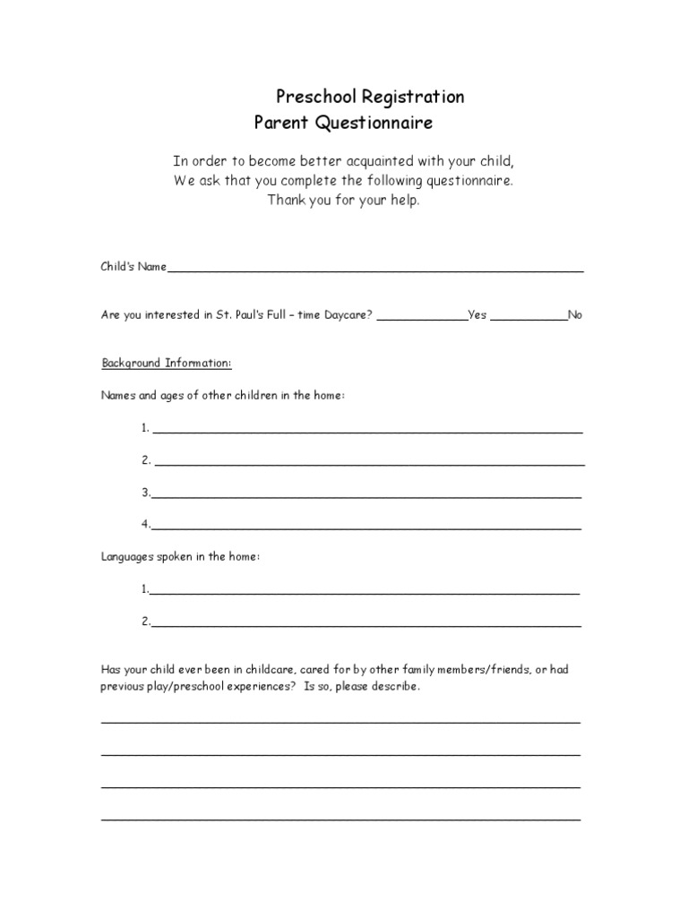 2-Preschool Parent Questionnaire | PDF | Child Care | Relationships