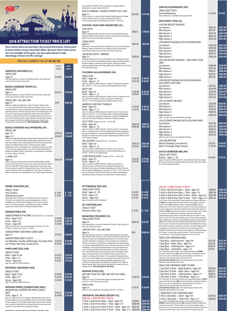 2018 Attraction Ticket Price List: Prices Current As of 10/03/18 | PDF ...