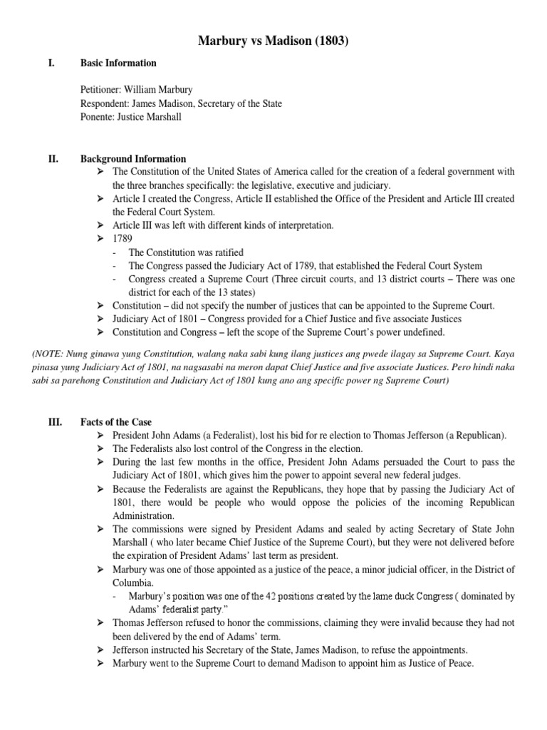 Marbury Vs Madison (1803) : I. Basic Information | PDF | Judiciary Act ...