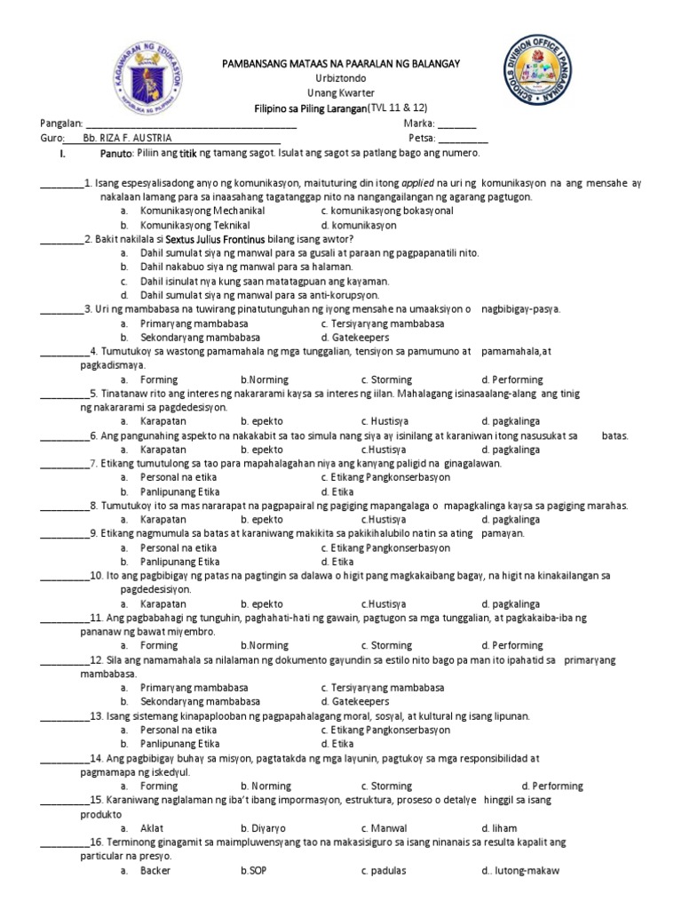 Unang Kwarter NG Pagsusulit Sa Filipino Sa Piling Larangan | PDF