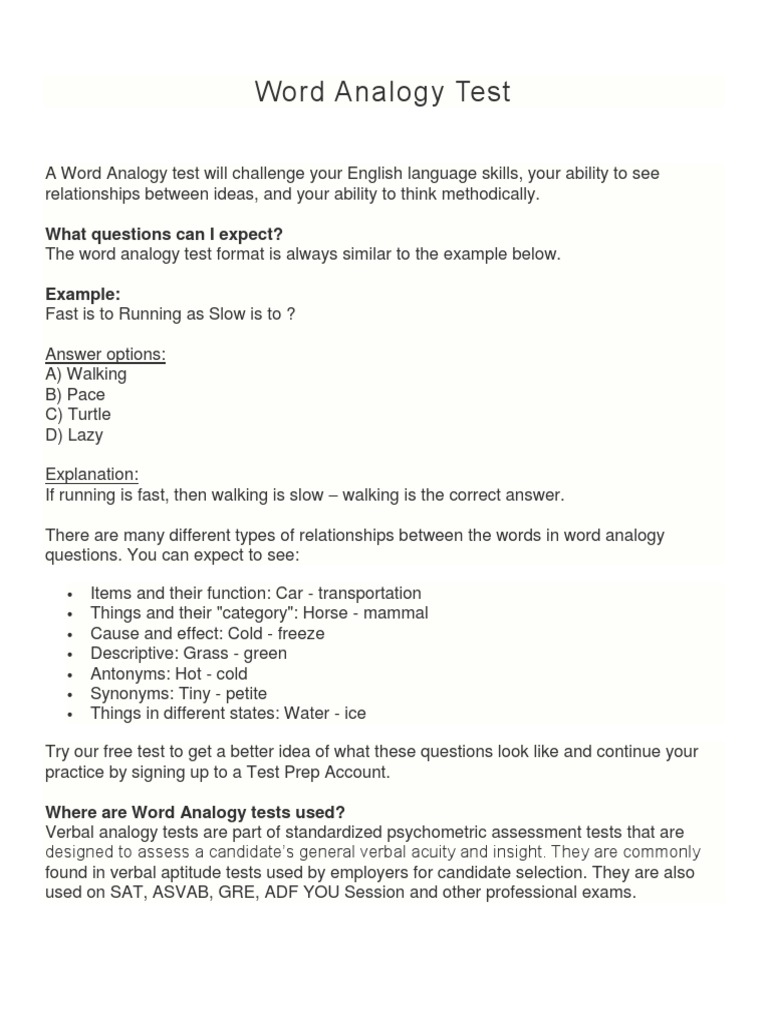 Word Analogy Test | PDF