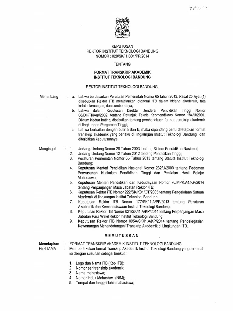 028 SK Rektor Tentang Format Transkrip Akademik ITB 25 03 2014 PDF | PDF