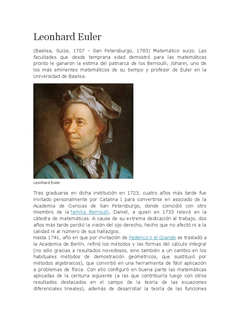 Leonhard Euler Biografia | PDF | Leonhard Euler | Enseñanza de matemática