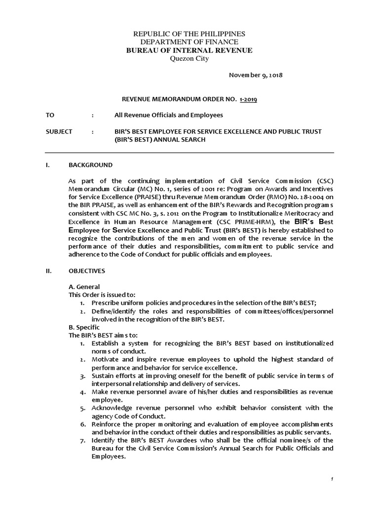 Bir Rulings - Rmo - No. 1-2019 | PDF | Civil Service | Government ...