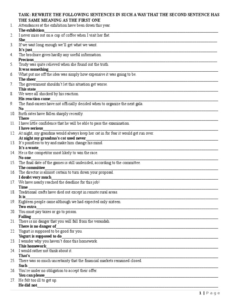 Sentence Transformation Exercises | PDF