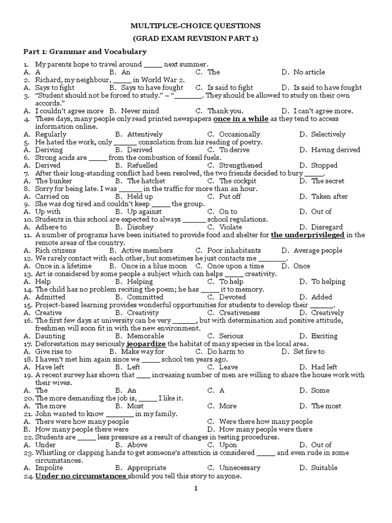 Multiplce-Choice Questions (Grad Exam Revision Part 1) Part 1: Grammar ...