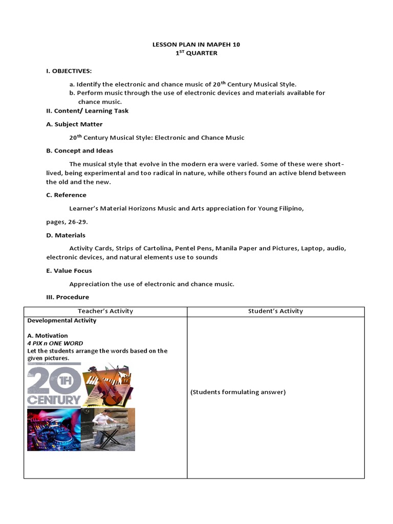 Lesson Plan Mapeh 10 Music | PDF | Lesson Plan | Sound