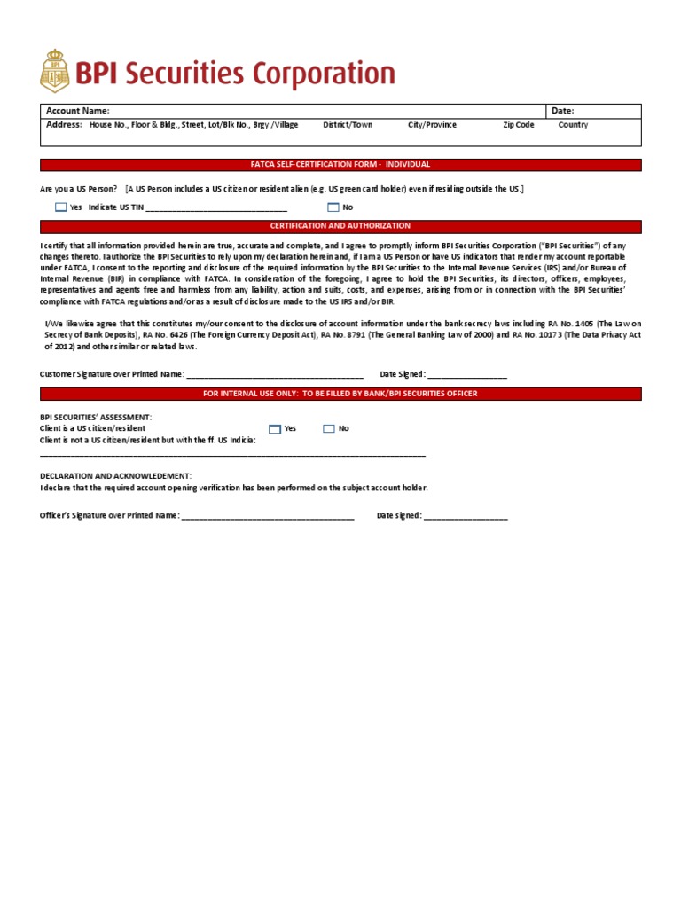 FATCA Form - Individual PDF | PDF | Securities (Finance) | Banks